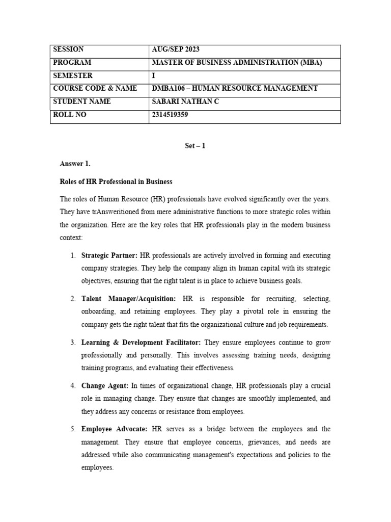 Answer-Assignment - DMBA106 - MBA1 2 - Set-1 and 2 - Sep - 2023 | PDF | Competence (Human ...