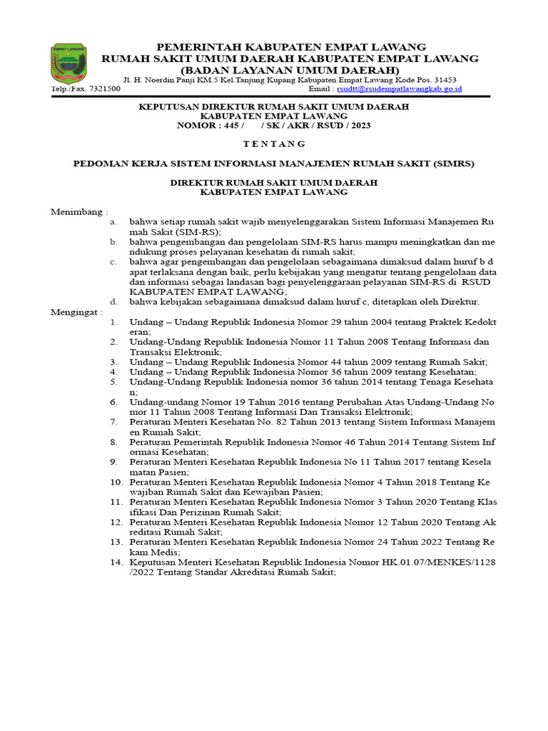 Pedoman Kerja Unit SIMRS Empat Lawang | PDF