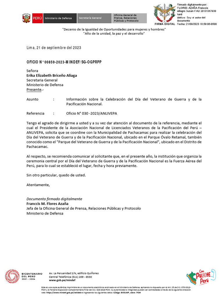 Oficio 00859-2023-Mindef-Sg-Ogprpp | PDF | Perú