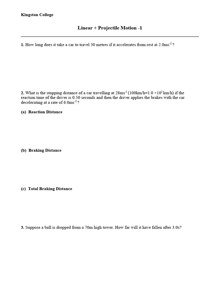 Worksheet - Projectile Motion 1 | PDF | Acceleration | Speed