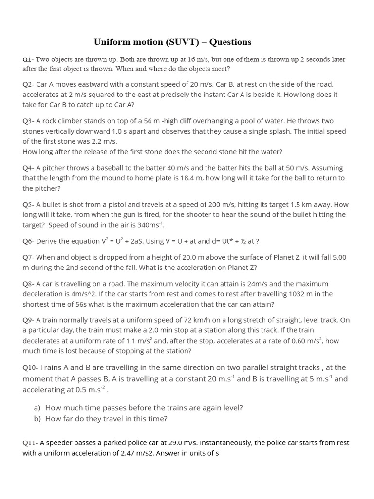Uniform Motion (SUVT) Questions | PDF | Acceleration | Speed