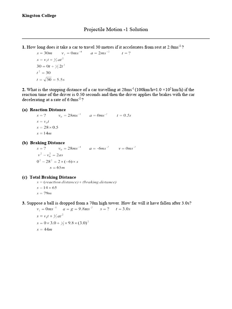 Worksheet - Projectile Motion 1 Solution | PDF | Acceleration | Velocity