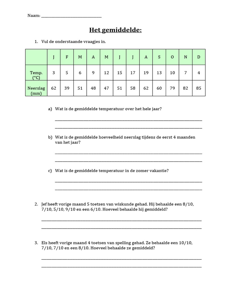 Werkblad Gemiddelde | PDF