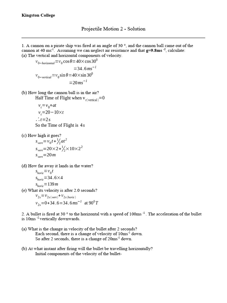 Worksheet - Projectile Motion 2 Solution-2 | PDF | Projectiles ...