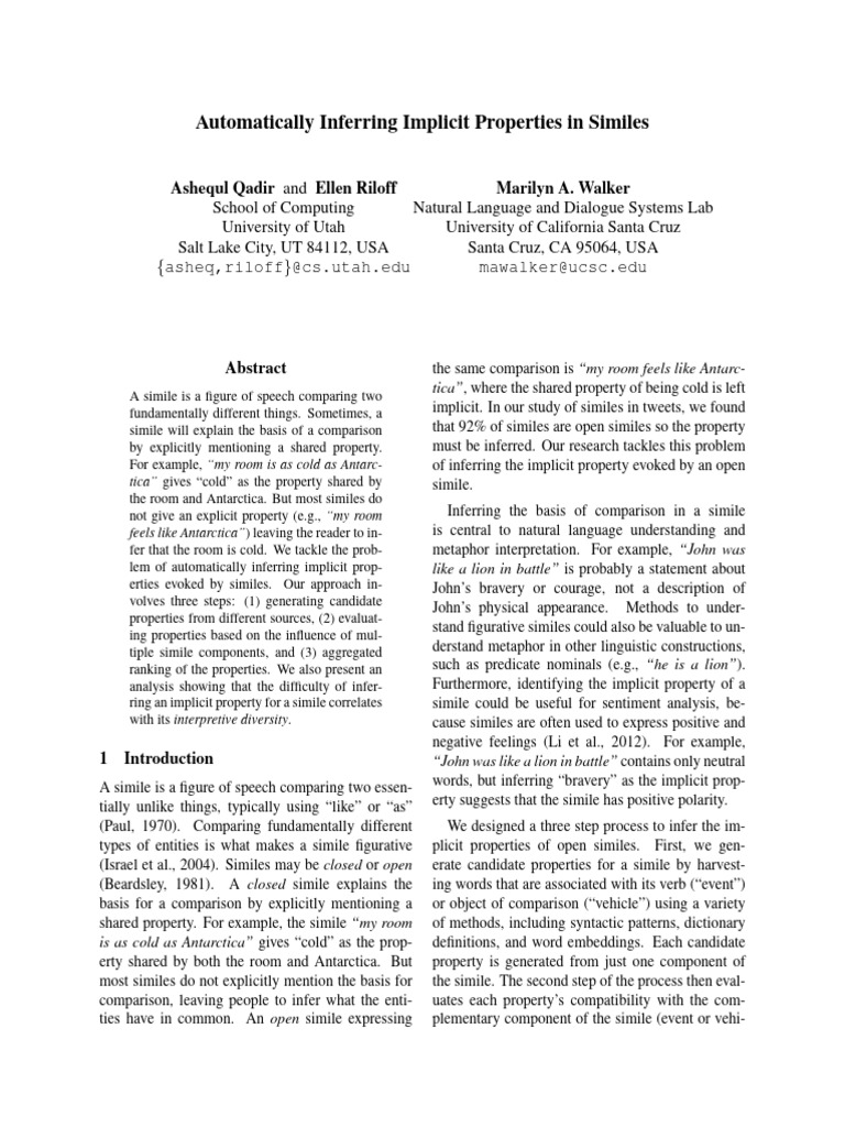 Automatically Inferring Implicit Properties in Similes | PDF | Adjective | Adverb