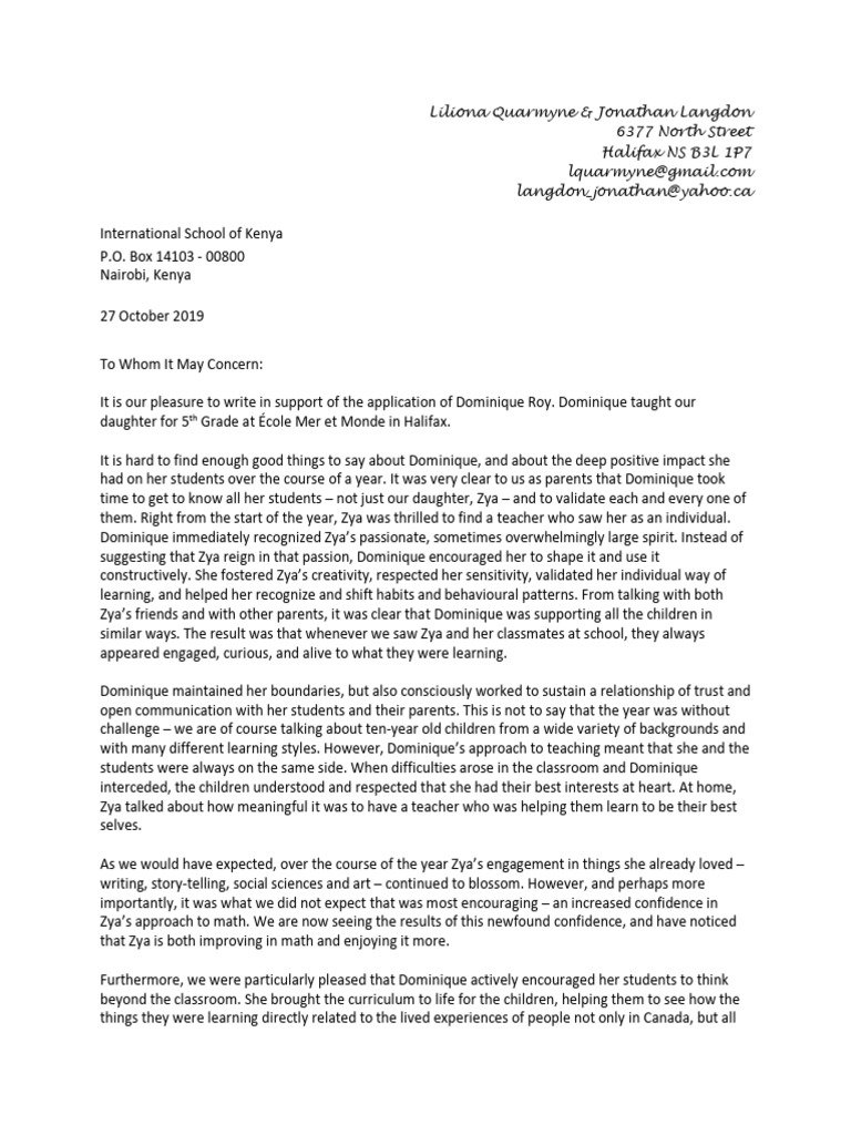 Reference Letter - Parents | PDF | Teachers | Human Communication