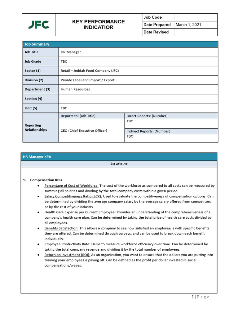 KPIs For HR Manager | PDF | Employment | Employee Retention