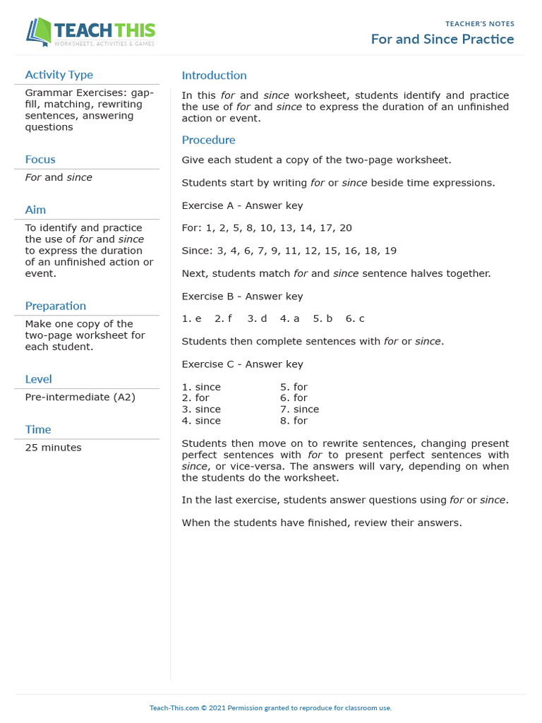 For And Since Practice Pdf