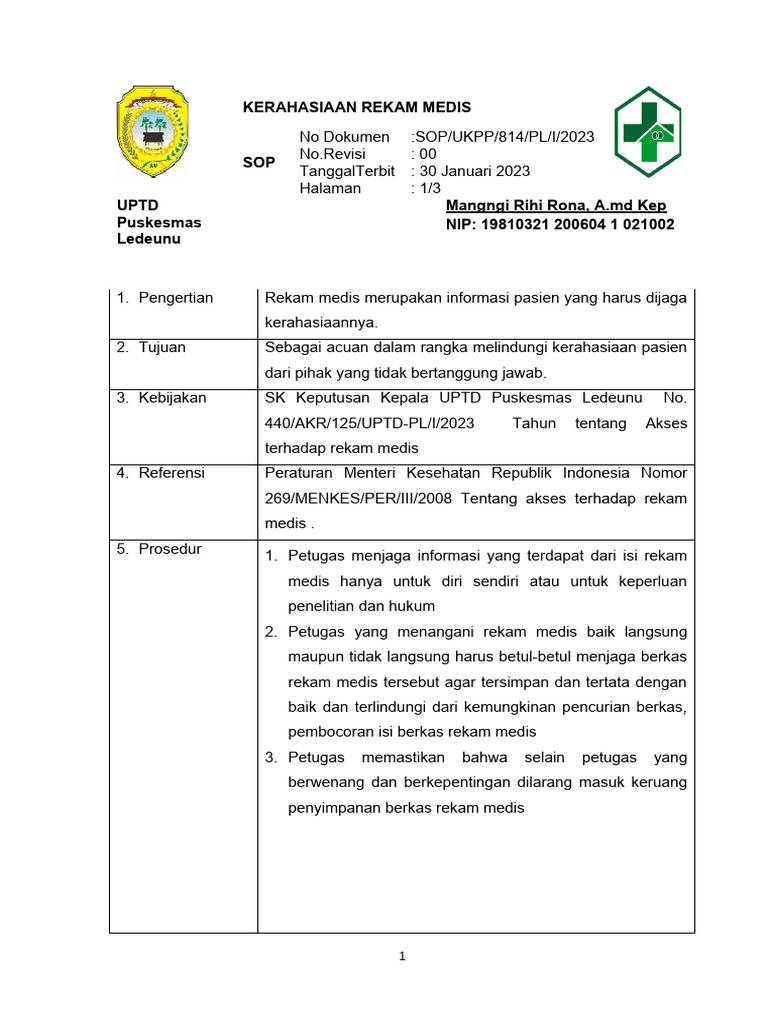 3811 - SOP Kerahasiaan Rekam Medis | PDF