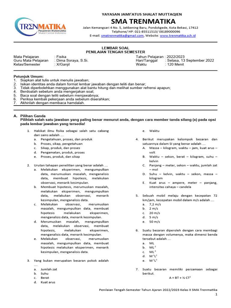 Pts Fisika Sma Kls X 2022-2023 | PDF | Metode & Bahan Ajar