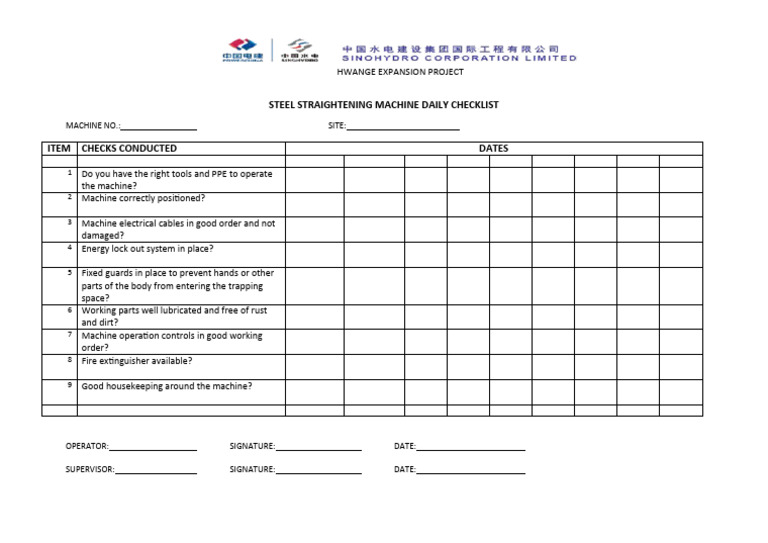 Pipe Straightening Machine Checklist | PDF