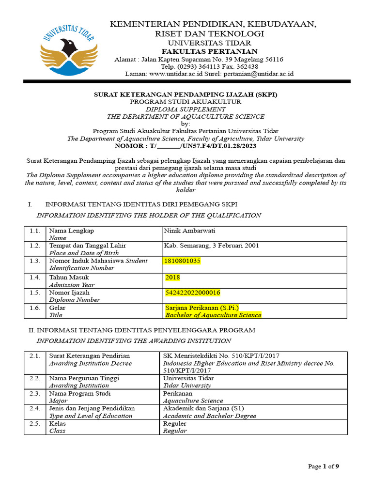 SKPI Diploma Supplement for Aquaculture | PDF