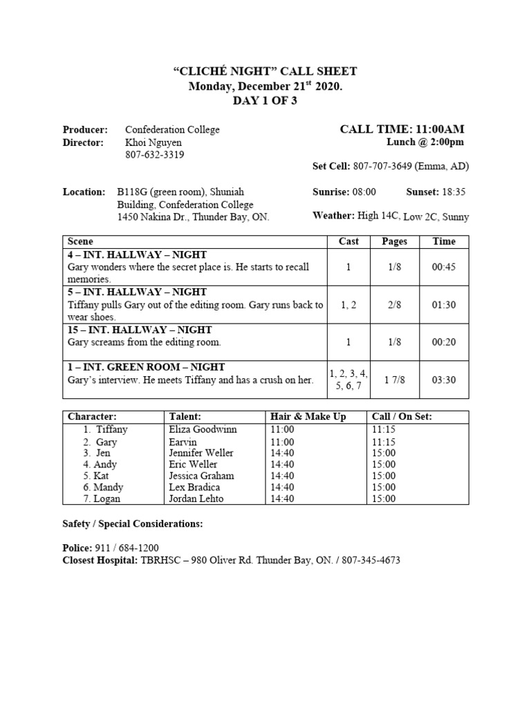 Cli - Nite Call Sheets 5d | PDF | Filmmaking