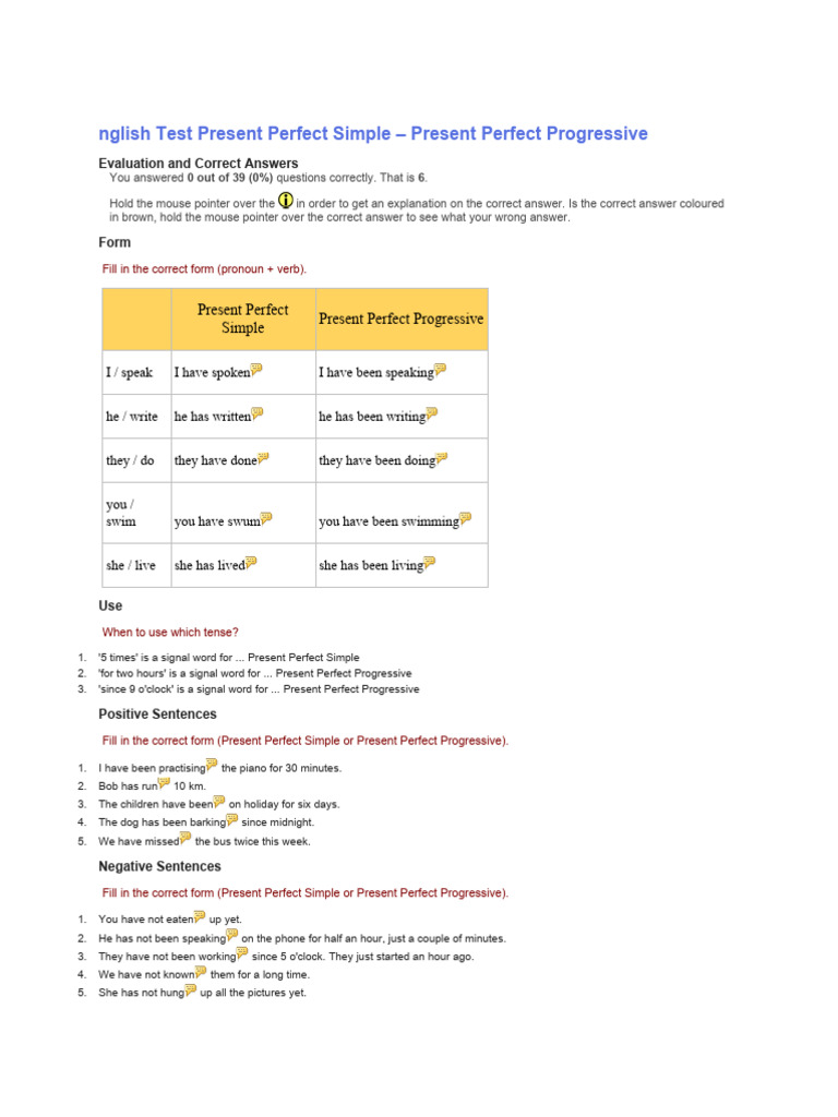 English Test Present Perfect Simple | PDF | Verb | Linguistics
