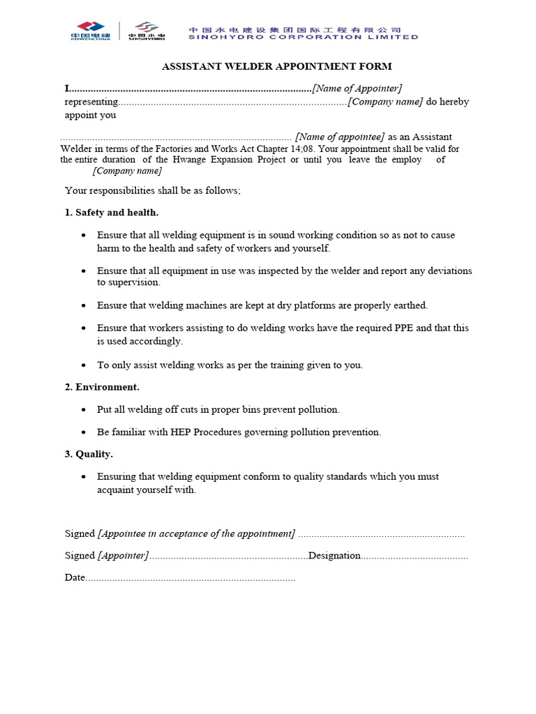 Assistant Welder Appointment Letter | PDF