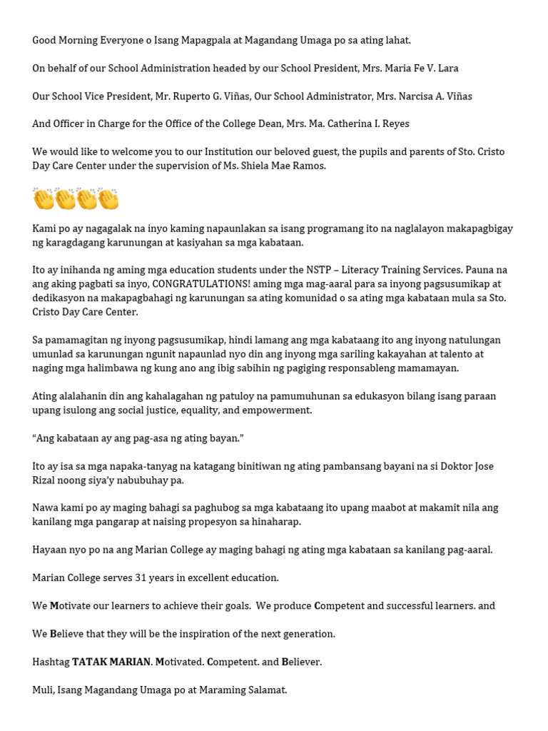 Culminating Activity Opening Remarks | PDF