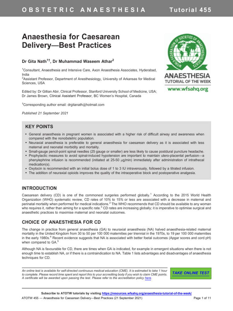 Anaesthesia For Caesarean Delivery-Best Practices Atow-455-00 | PDF ...