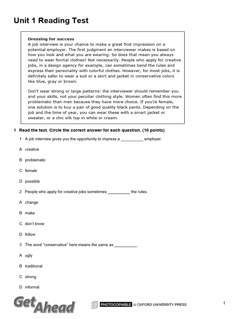 GA3 Tests Reading Unit 1 | PDF | Job Interview | Clothing