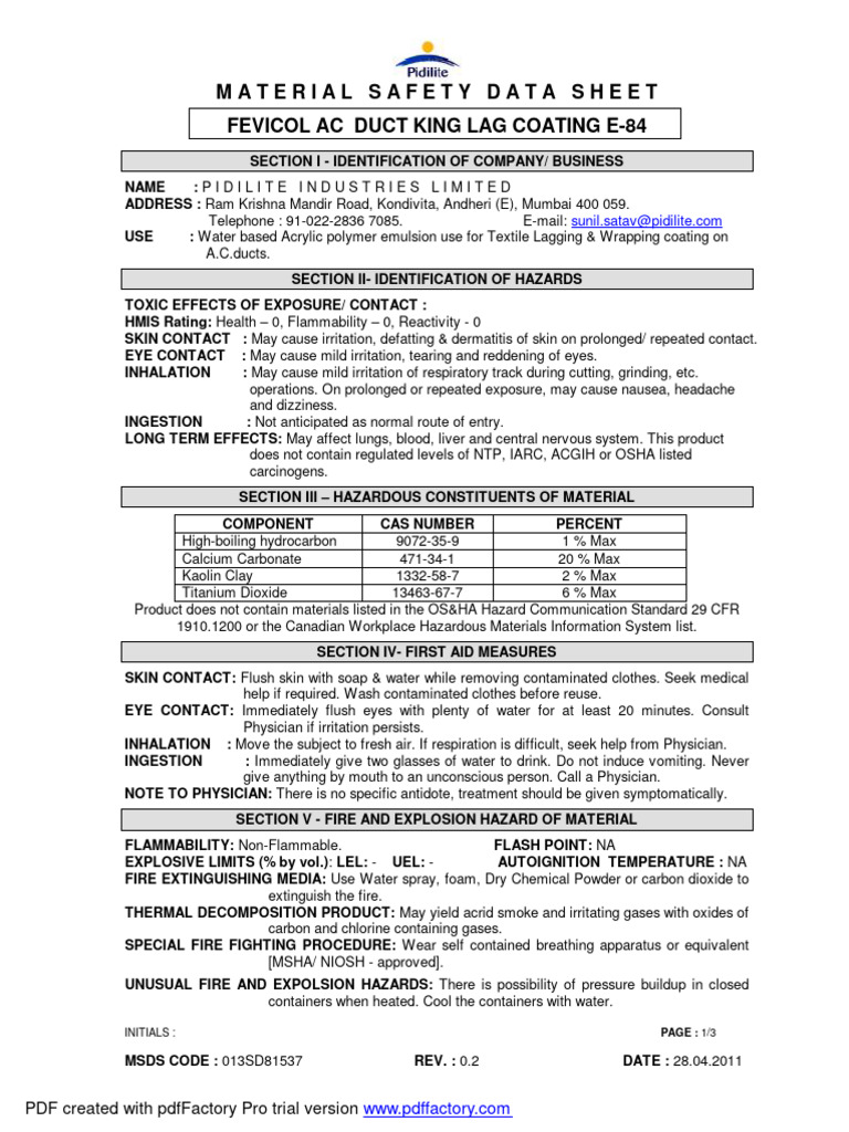 Fevicol AC Duct King Lag Coating MSDS | PDF | Personal Protective ...