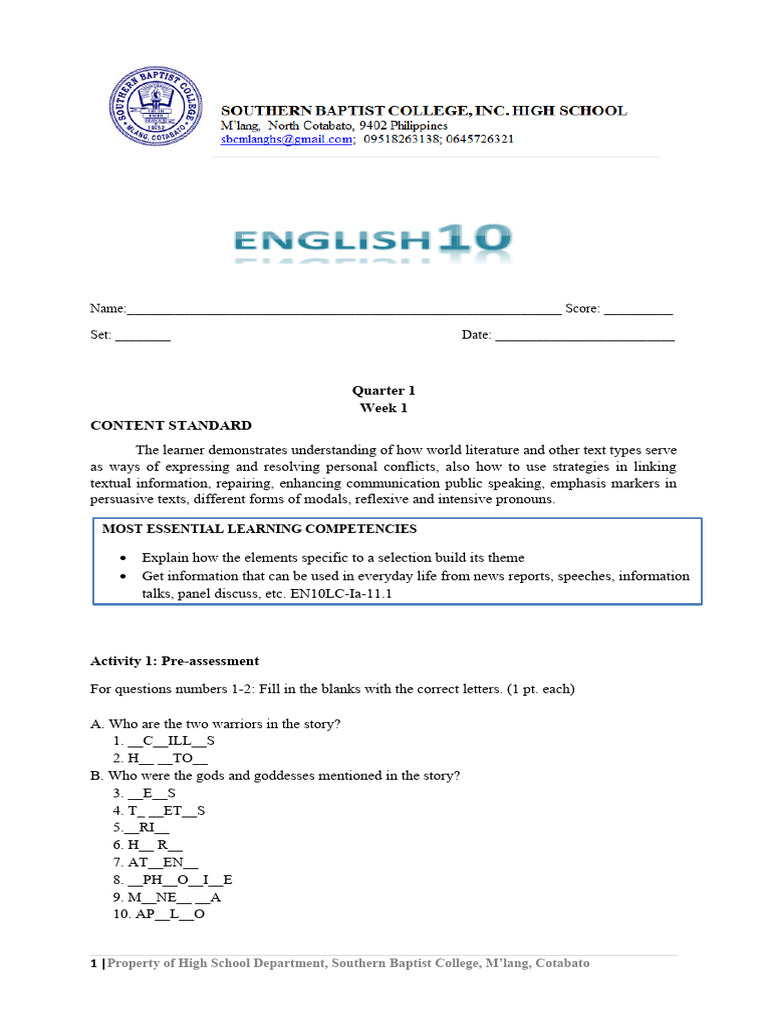 English 10 Week 1-4 | PDF | Iliad | Learning