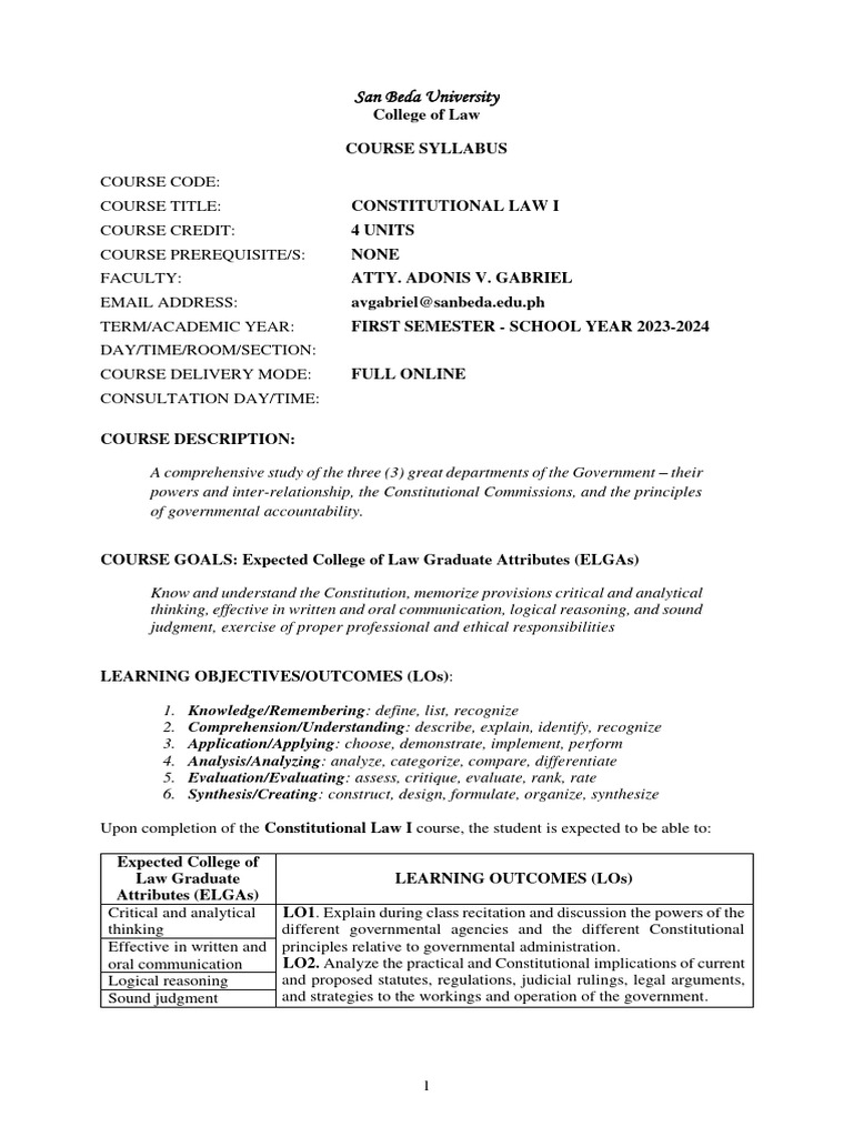 Constitutional Law I Syllabus AY 2023 24 | PDF | Commission On ...
