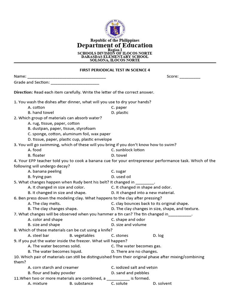 Q1-Periodical Test-SCIENCE 4 | PDF | Mixture | Water