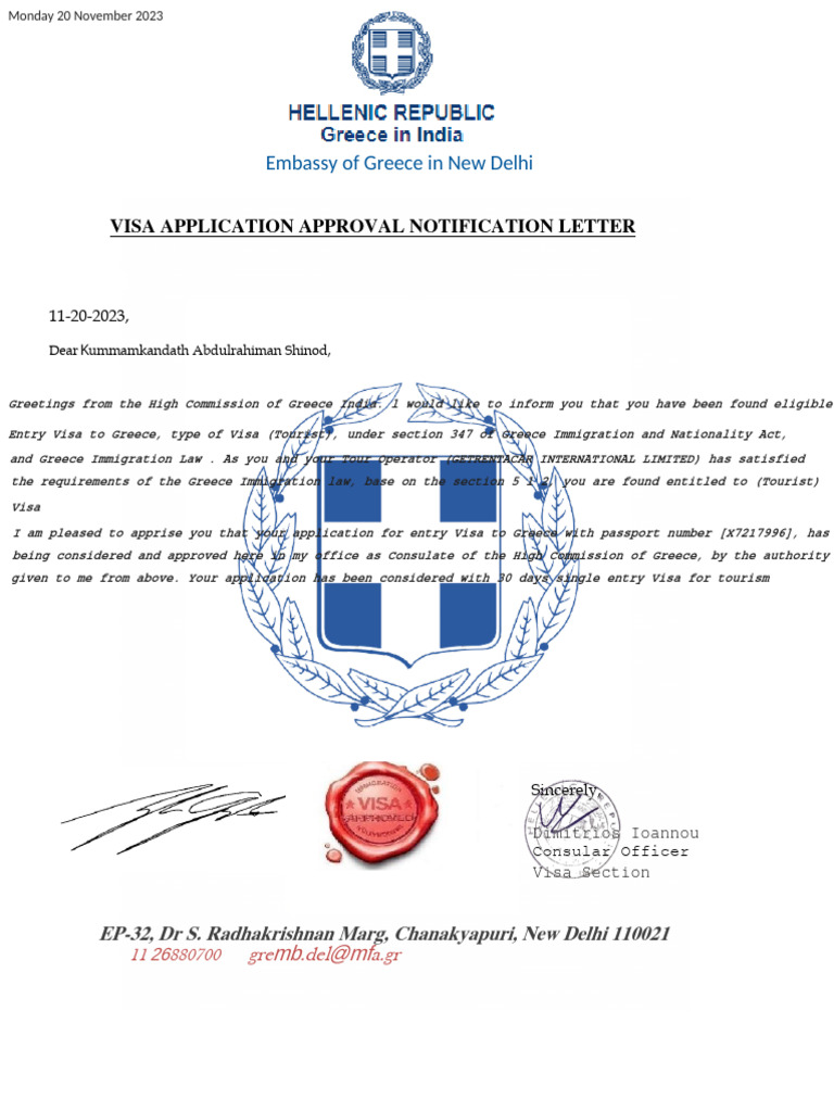 Visaapprovalnotificationletter Shinod | PDF