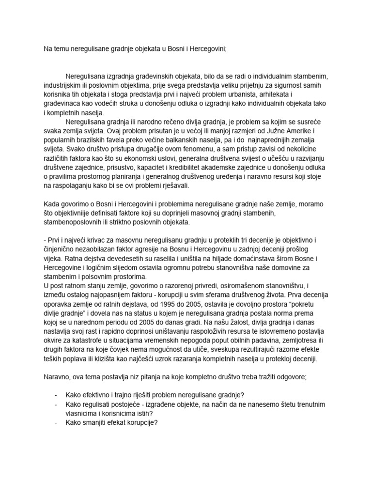 Na Temu Neregulisane Gradnje Objekata U Bosni I Hercegovini | PDF