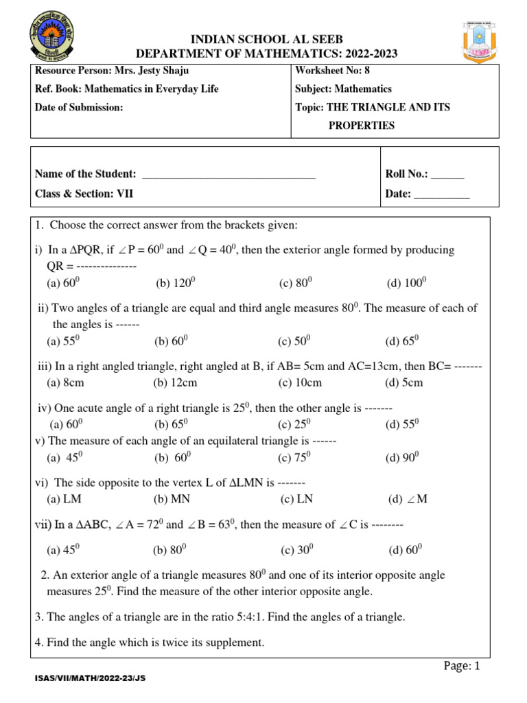 Class 7 WSHT 8 Triangle and Its Properties 2022-23 | PDF | Triangle | Angle