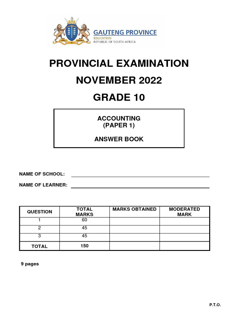 GR 10 Accounting P1 (English) November 2022 Answer Book | PDF | Balance ...