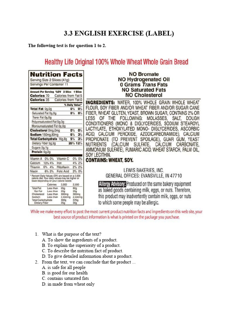 English Label Comprehension Exercise | PDF | Milk | Carbohydrates