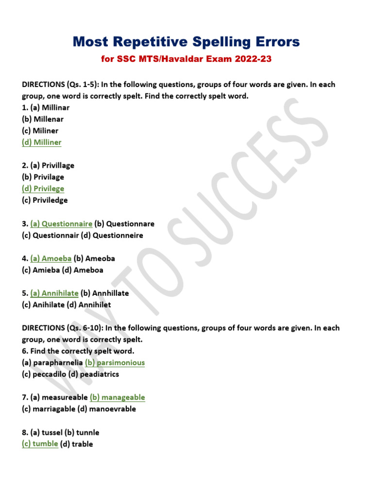 SSC Spelling Error Practice Questions | PDF | Questionnaire