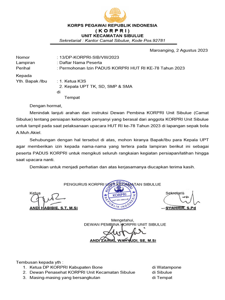 Surat Permohonan Ijin Padus Korpri Hut Ri Ke 78 | PDF