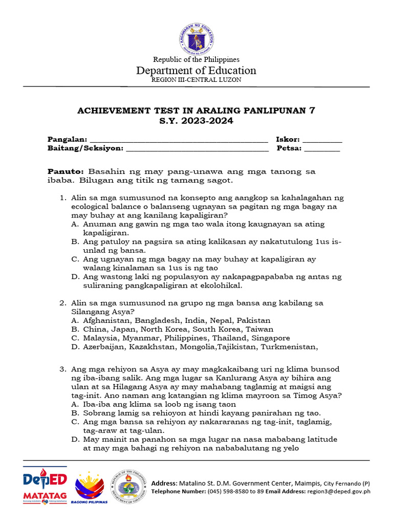 AP G7 Regional Achievement Test | PDF