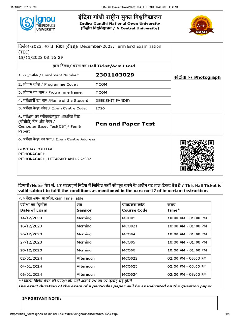 IGNOU December-2023 - HALL TICKET - ADMIT CARD | PDF