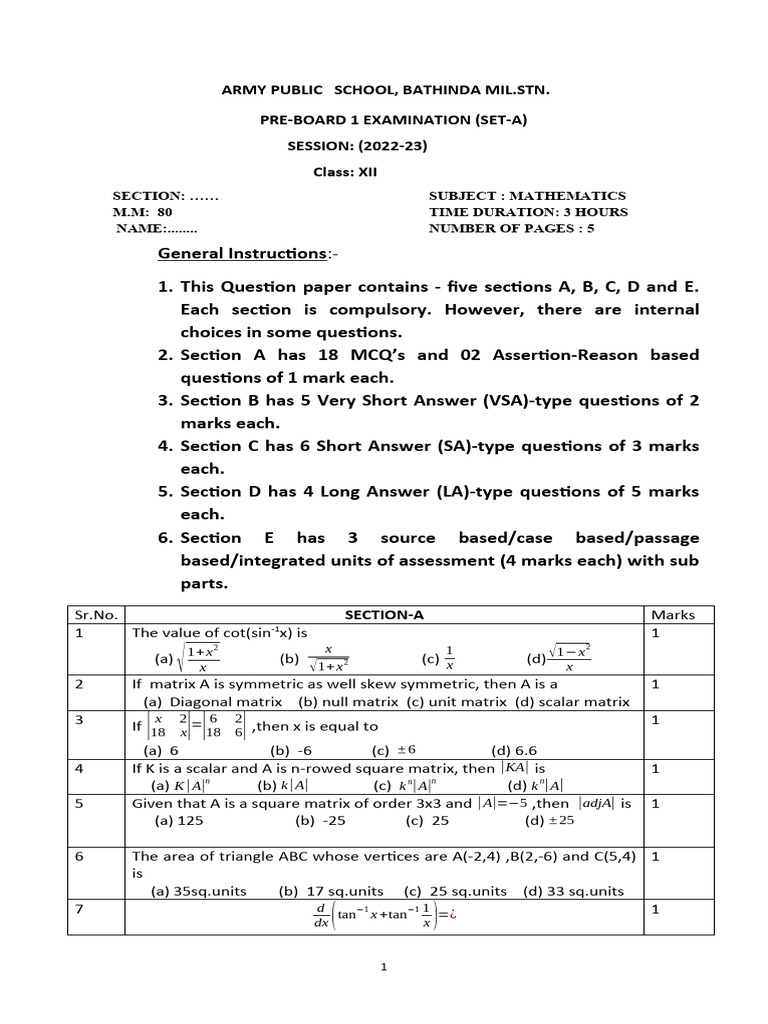 Class XII Mathematics Pre-Board Exam Set A | PDF | Euclidean Vector | Mathematical Objects
