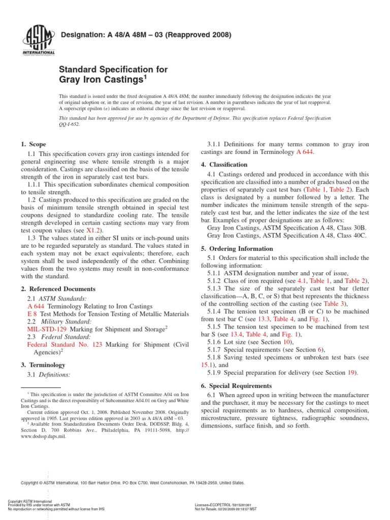 Astm A48 - 2003 - 2008 | PDF | Physical Sciences | Secondary Sector Of The Economy