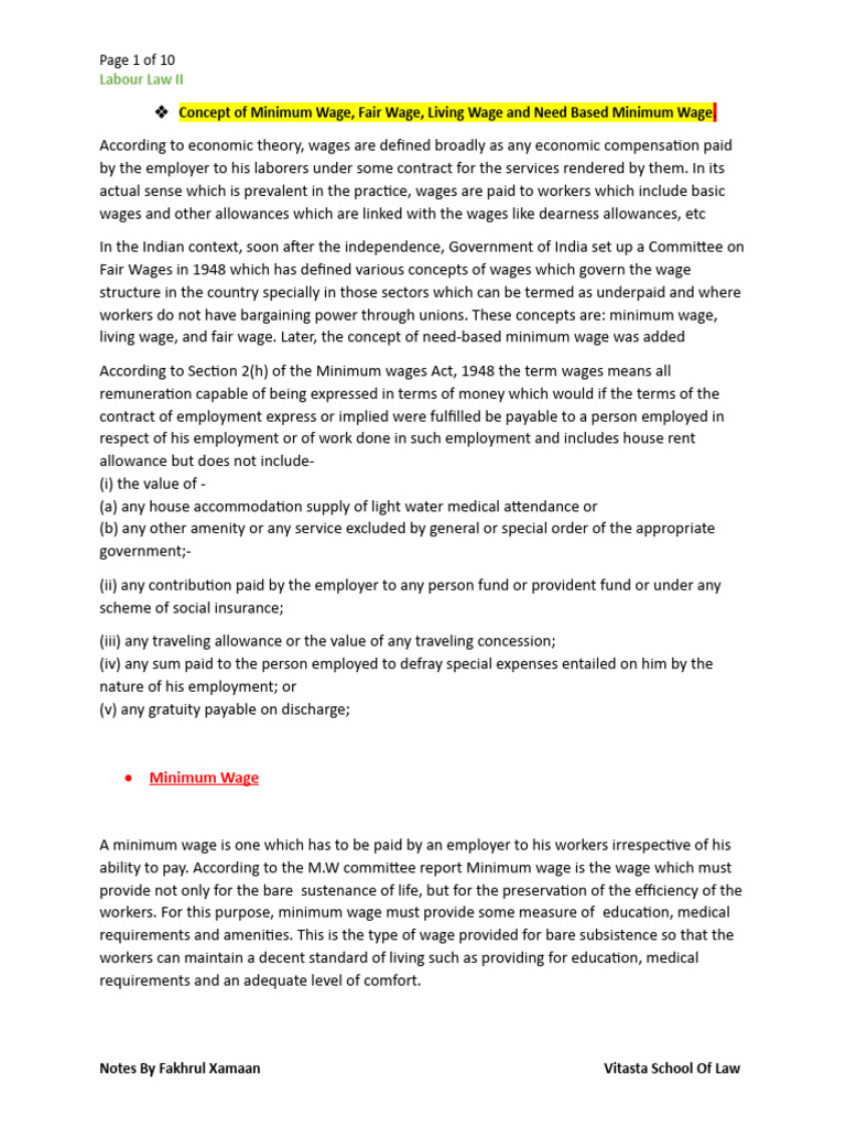Concept Of Minimum Wage Fair Wage Living Wage And Need Based Minimum
