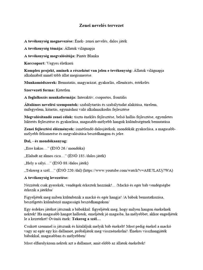 Zenei Nevelés Tervezet | PDF