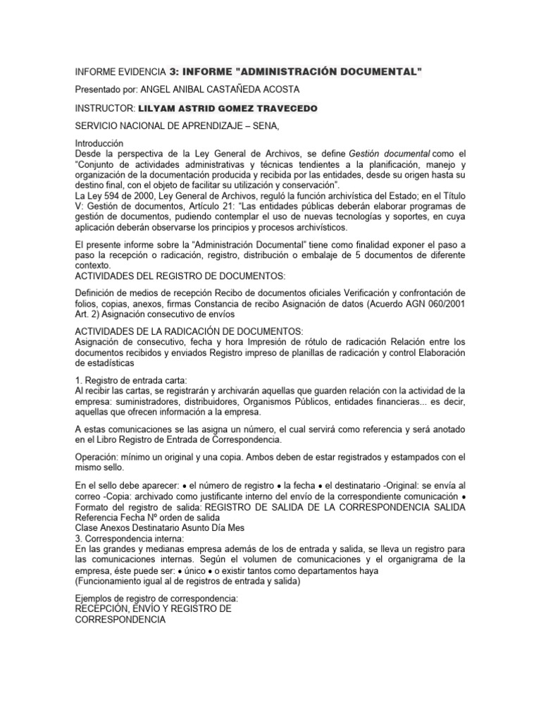 Evidencia 3 Informe Administración Documental | PDF | Gestión de registros