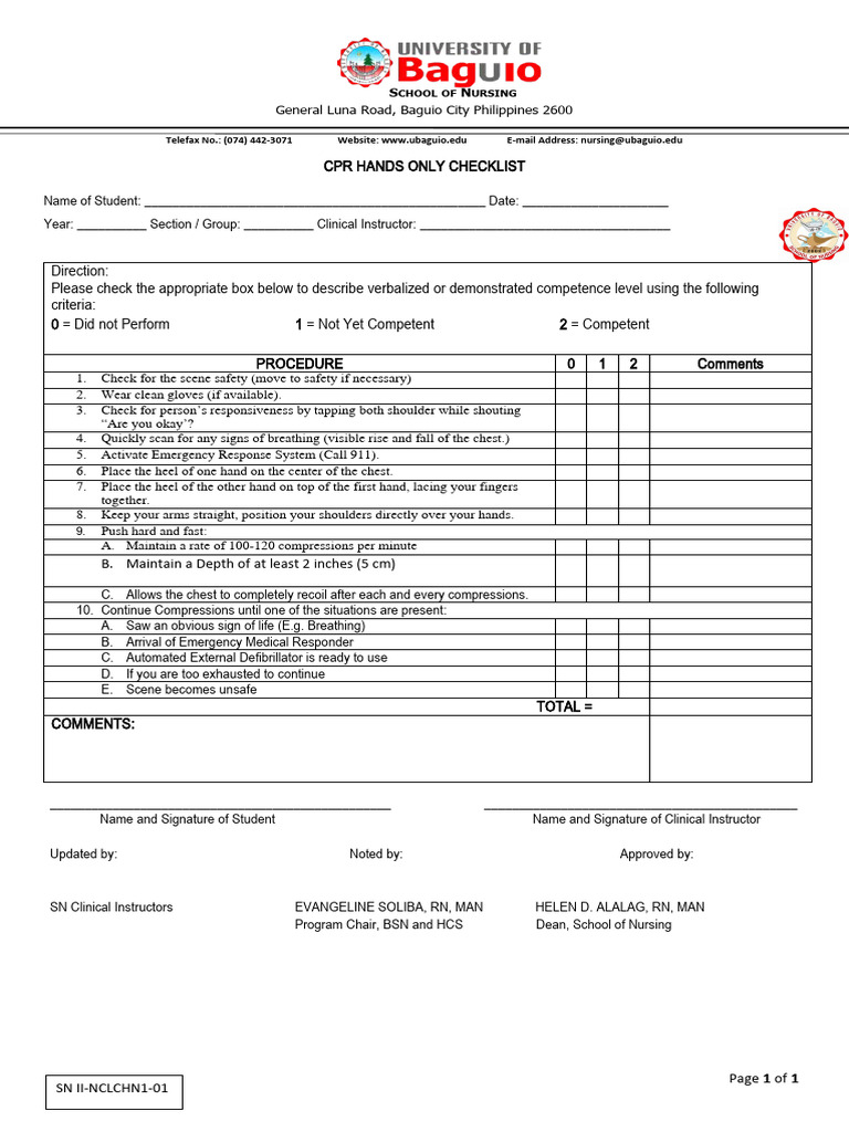 Hands Only CPR Checkilist | PDF | Cardiopulmonary Resuscitation ...