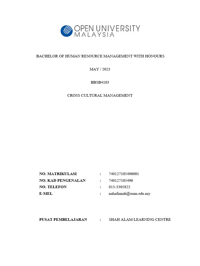 OUM - Assgn - BBSB4103 - Cross Culture Management - Sem May 2023 - Nahariah | PDF | Malaysia ...