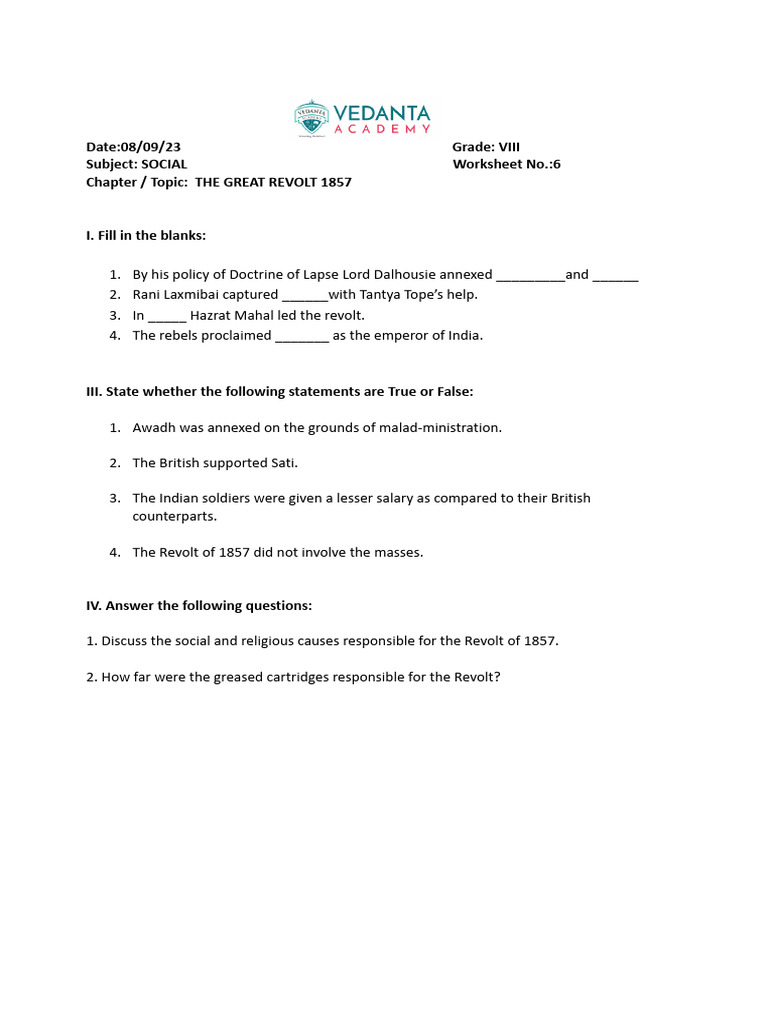 The Great Revolt 1857 Worksheet | PDF | History