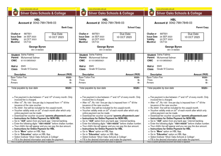 Grade VI Cosmos OCT23 Fee Slips | PDF | Voucher | Fee