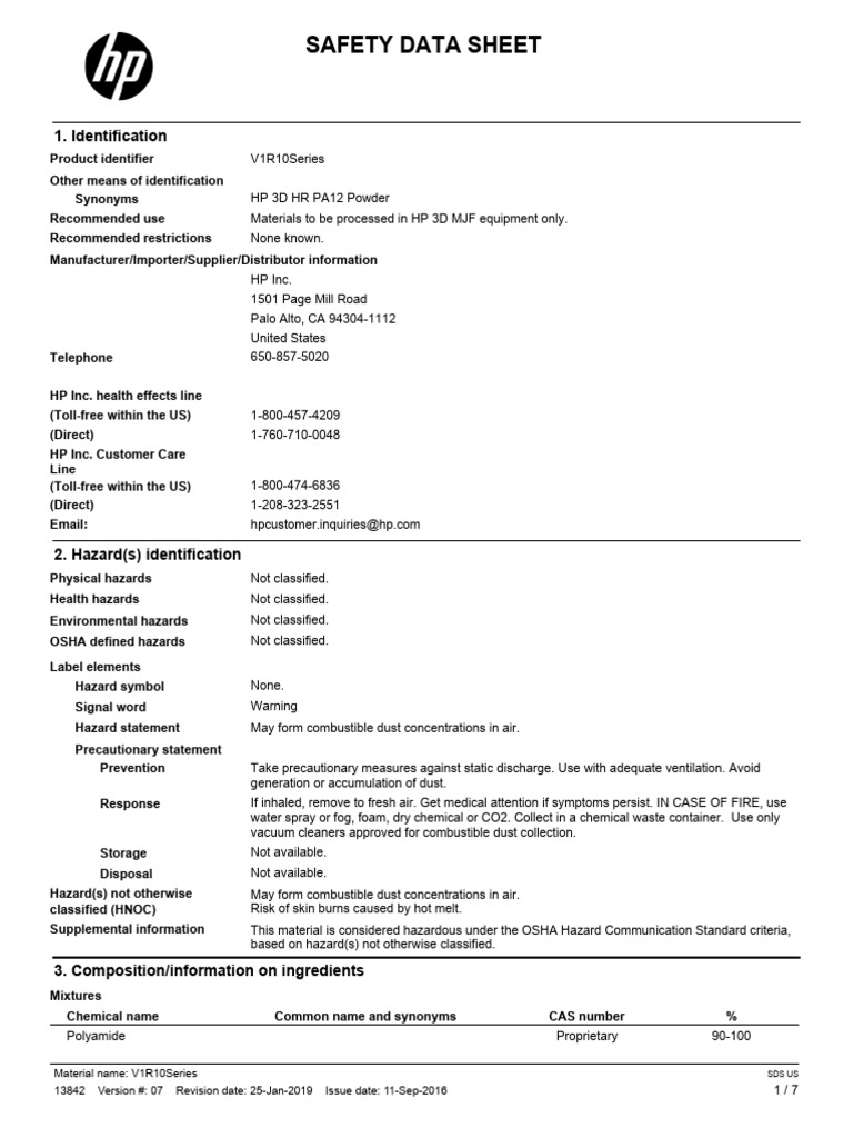 PA12 Safety Data Sheet | PDF | Dangerous Goods | Combustion