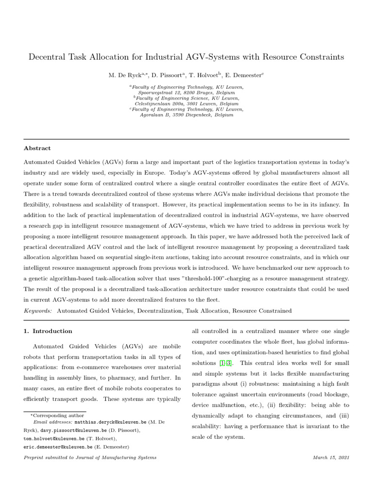 Decentral Task Allocation For Industrial AGV Systems With Resource ...