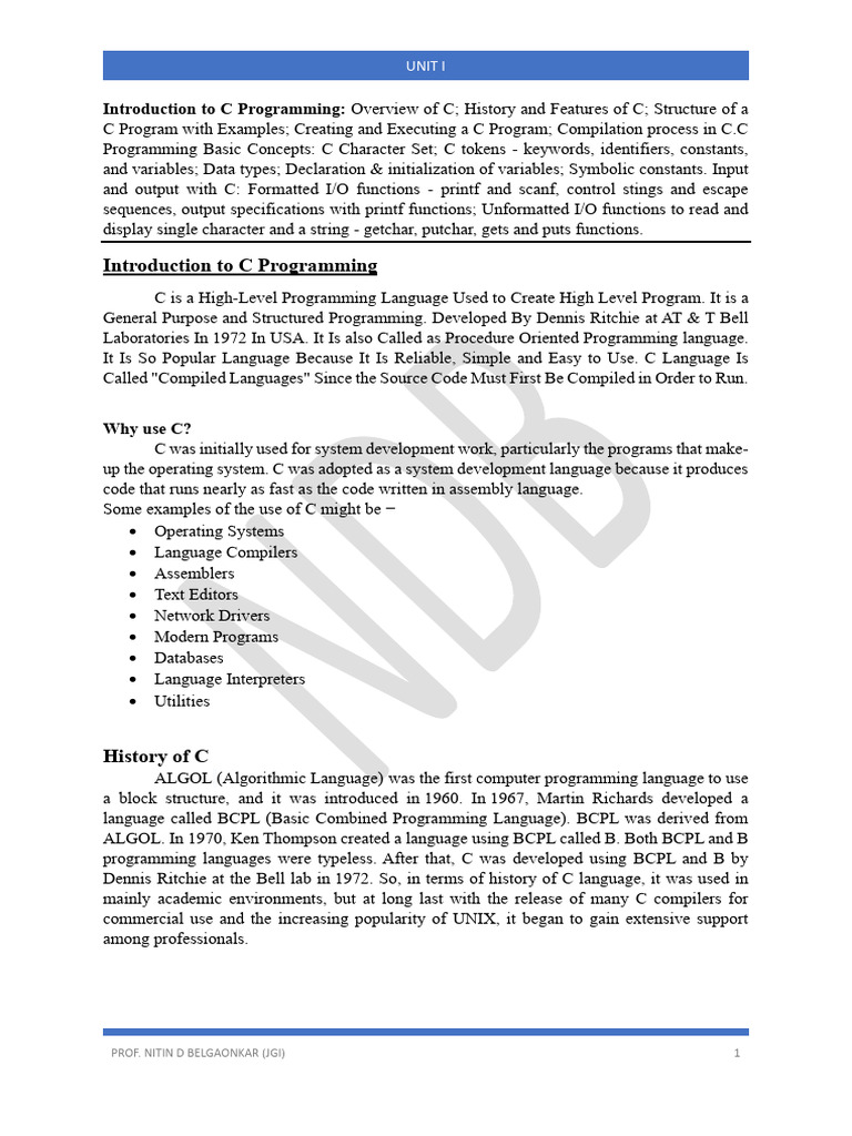 Unit 1 Introduction To C Pdf C Programming Language Integer Computer Science