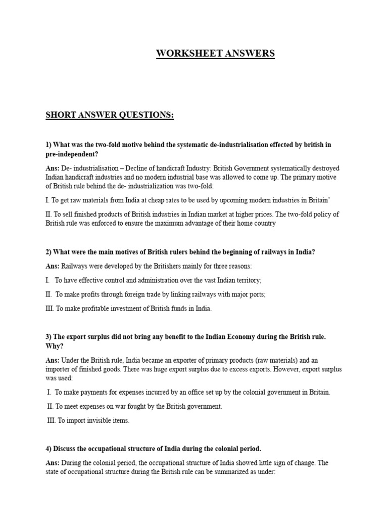 Worksheet Answers Ied Chapter 1 | PDF | British Raj | Agriculture