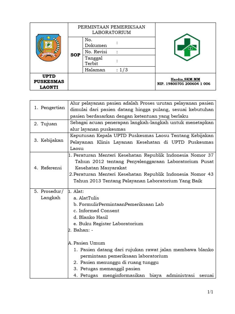 Sop Alur Pelayanan Laboratorium PKM Laonti | PDF