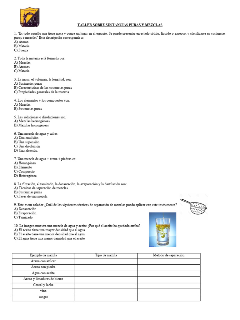 Taller Sobre Sustancias Puras y Mezclas | PDF